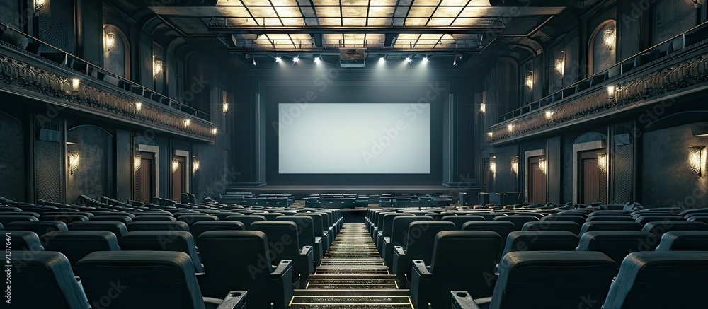 Dark movie theatre interior screen and chairs. Copy space image. Place for adding text Stock ...