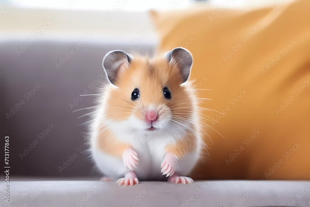 Cute hamster sitting on a sofa in a living room. Little pet for human ...