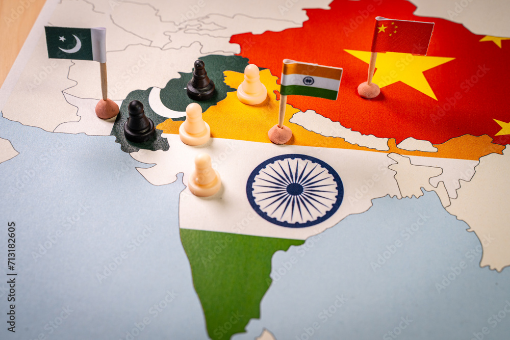 Chess pieces over a map of Idnia and China. indo-pakistani Border ...