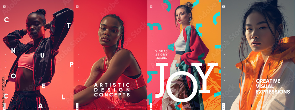 Fashion posters featuring models with dynamic poses and large, overlaid ...