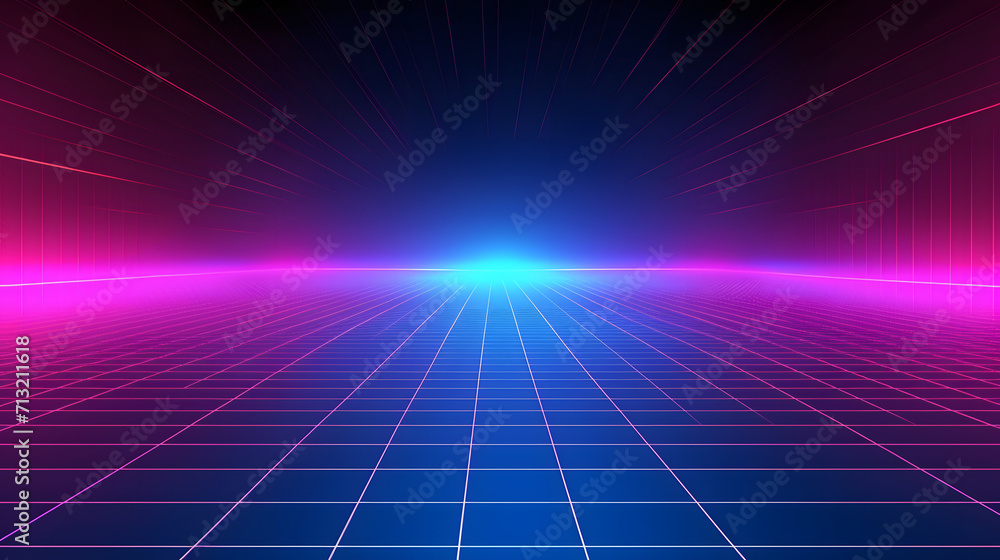 80s Retro Sci-Fi Background Futuristic Grid landscape. Digital cyber surface style of the 1980s ...