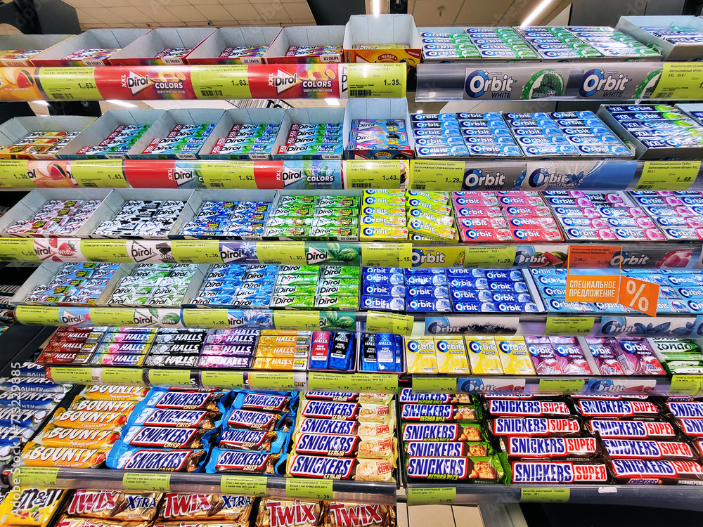 Minsk, Belarus. Oct 10, 2022. Various candies, chewing gum, chocolate ...
