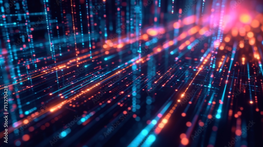 Abstract visualization of digital data streams with binary code and glowing lines background ...