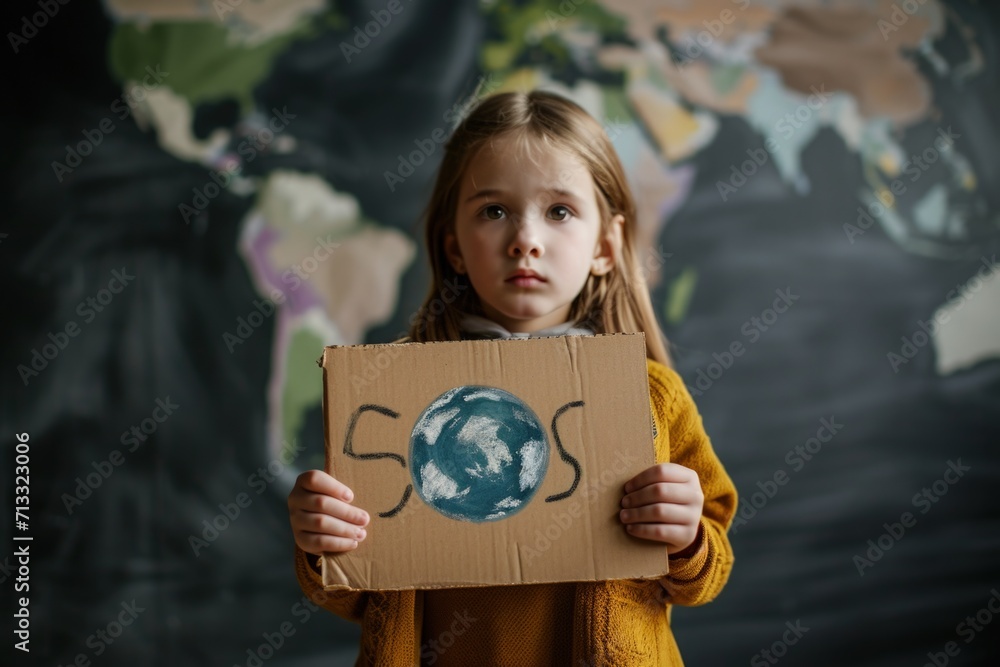 SOS and planet Earth on a cardboard card that a child is holding ...