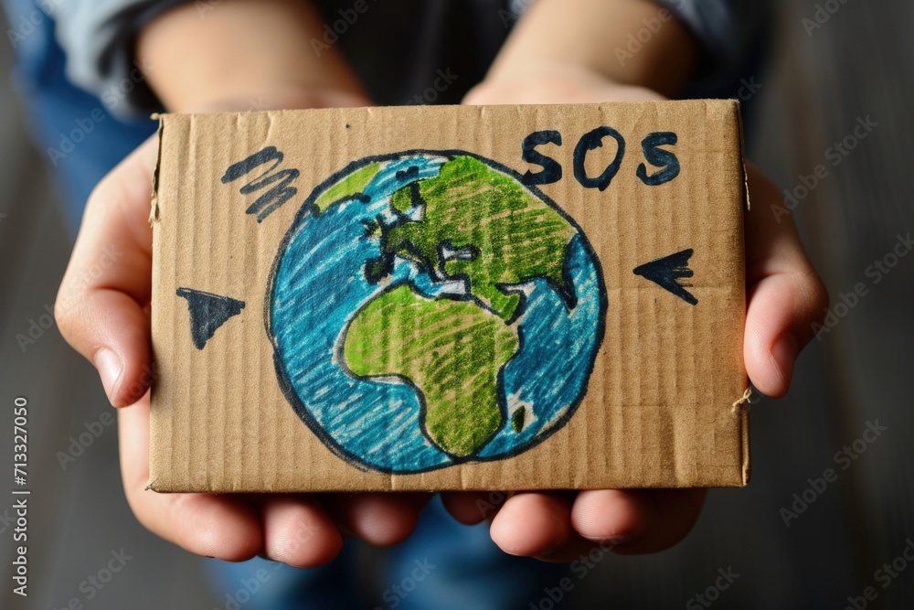 SOS and planet earth on cardboard card that hand is holding, concept of ...