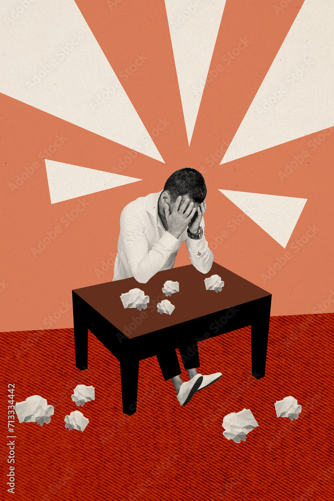 Vertical creative collage poster sitting young man table crying despair ...