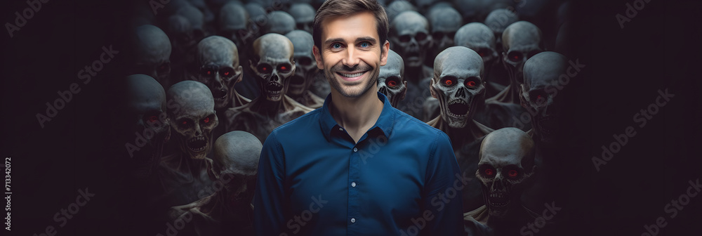 Smiling man standing in between zombies, thinking different from the ...
