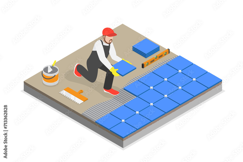 3D Isometric Flat Conceptual Illustration of Professional Tiler ...