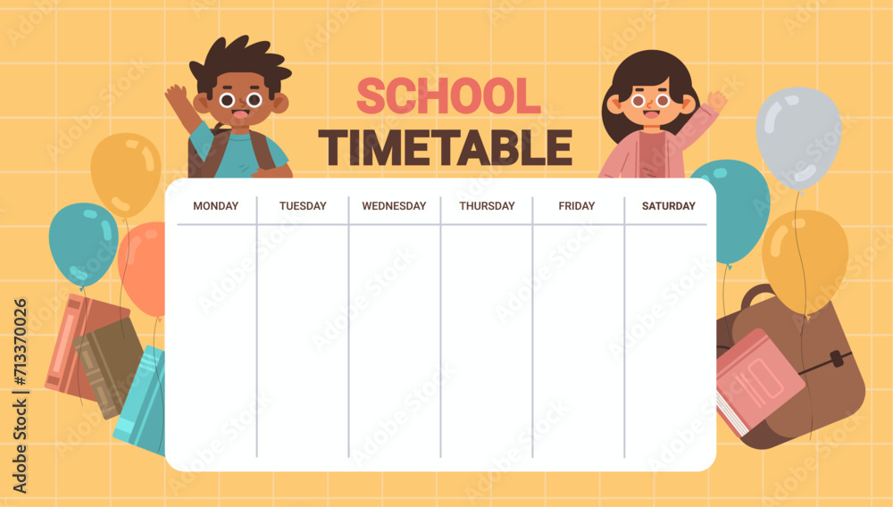 School timetable template with school kids on yellow background ...