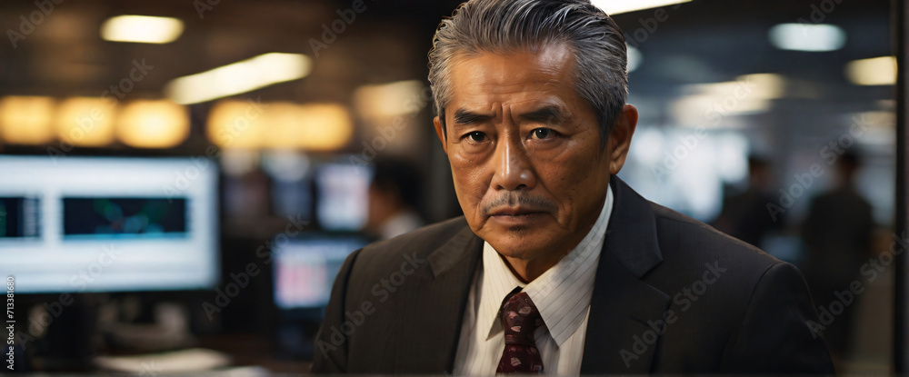 Old Japanese business people buying stocks wearing suits in an office ...