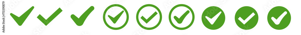 Green check mark icon set. Approved checkmark symbols collection ...