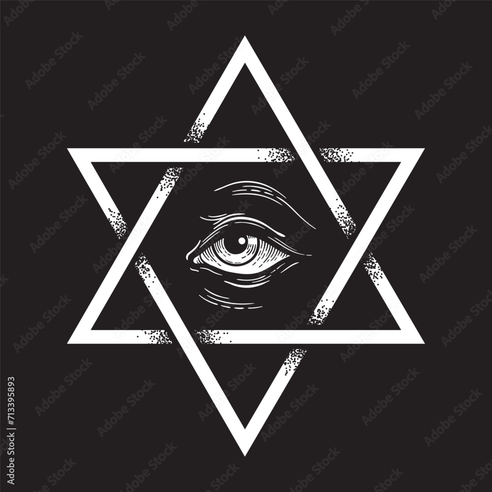 Hexagram and all seeing eye hand drawn dot work ancient pagan symbol of ...