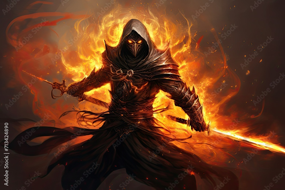 Fantasy warrior with a sword in the fire, fantasy knight with fire and ...