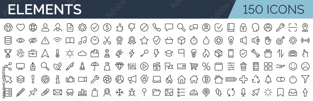 Set of 150 outline icons related to web elements, essentials. Linear ...