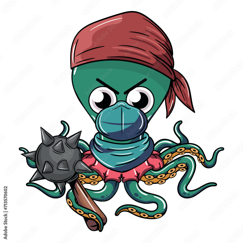 Octopus cartoon comic gangster with a red bandana, wearing a face mask ...