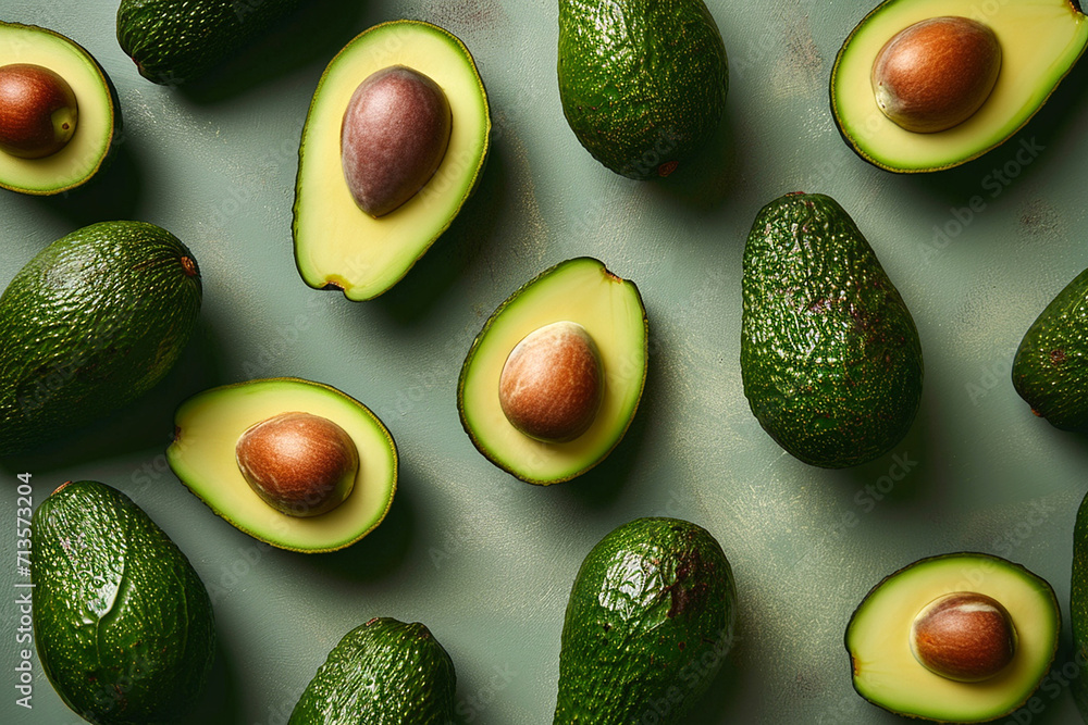 Avocado on pastel green background. Fresh ripe avocado pattern, minimal ...