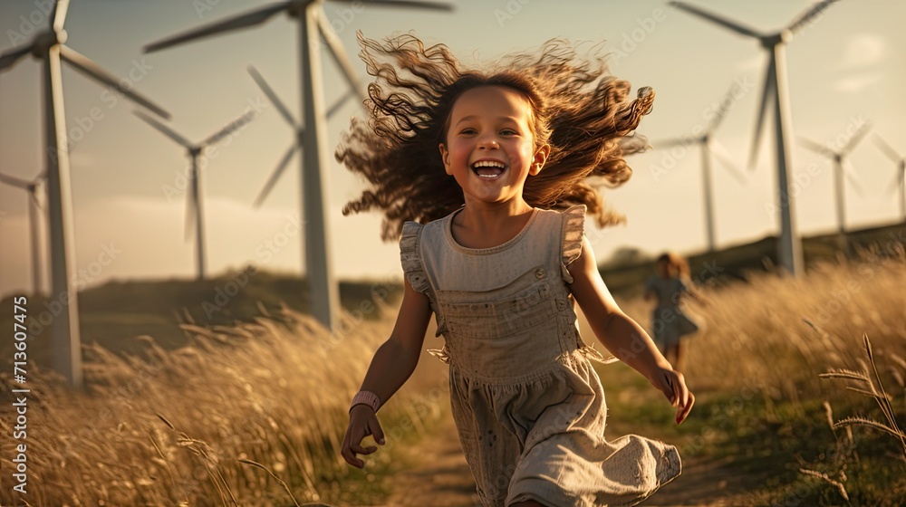 little girls and boys running in front of windmills. To capture the ...