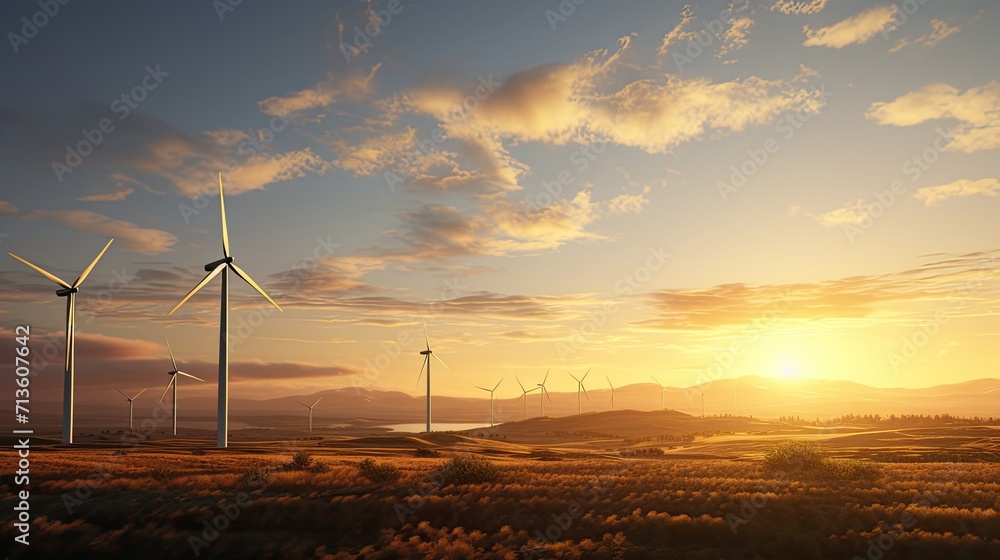 wind farm during golden hour to achieve warm and soft lighting. The ...