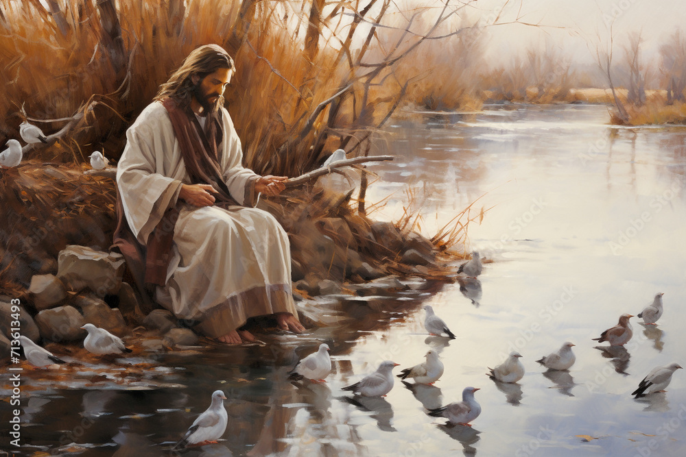 Jesus Christ in paradise, angels, doves, pigeons, Messiah, Savior and ...