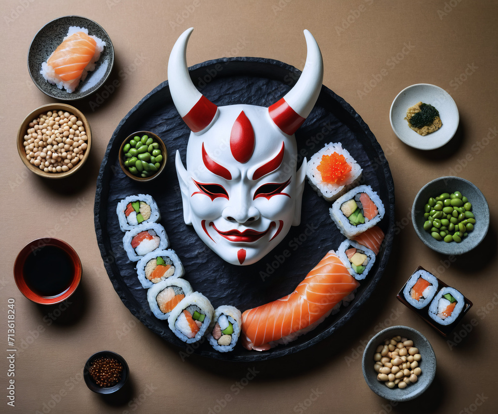 Stock-Foto „Setsubun celebration, an Oni Demon mask laying on a black stone table with soybeans ...