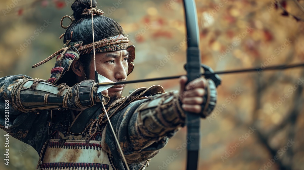 Archery Mastery: A Samurai Archer, Adorned in Traditional Armor, Points ...