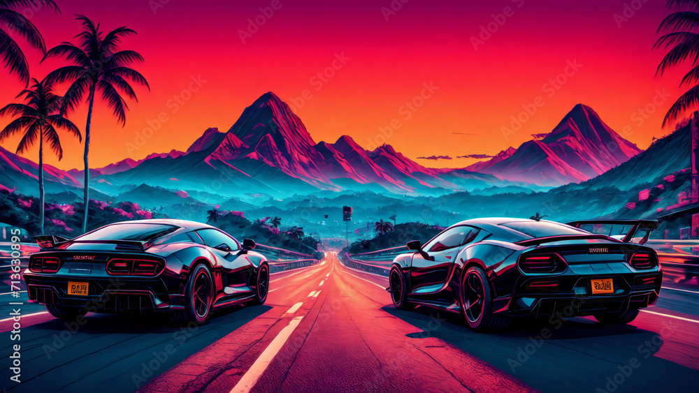 synthwave sunset scenery, a supercar driving down the road on an orange ...