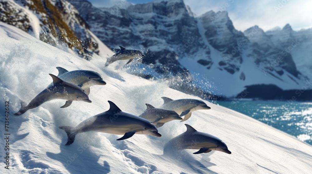Stock-Foto „surreal, dolphins swimming diving in snow without water ...