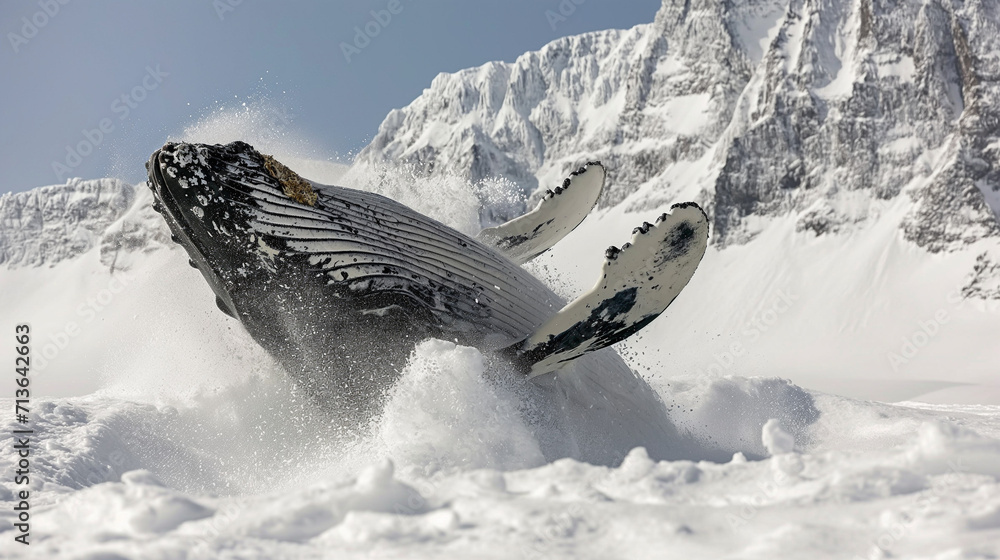 surreal, whale swimming diving in snow without water, whales in antartica , photo manipulation ...