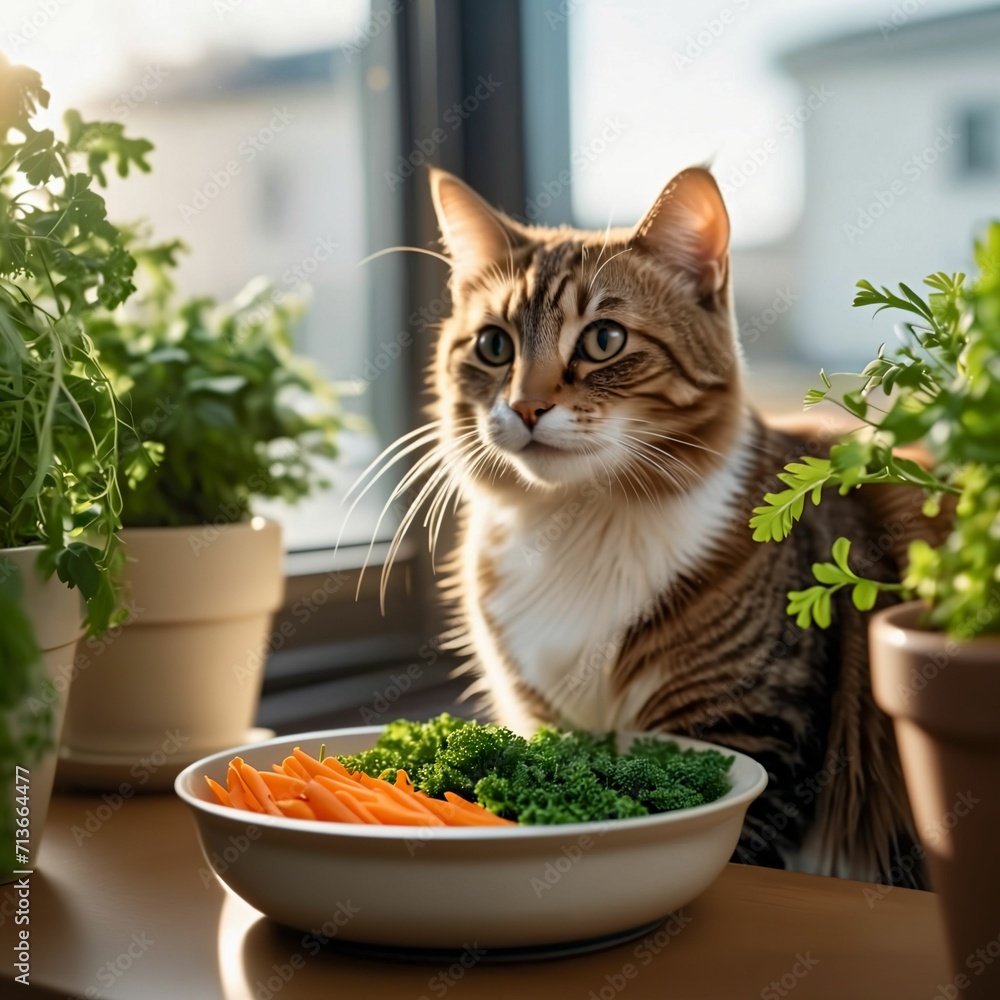 Vegan cat food. Photo of an adorable cat sitting in front of a food ...