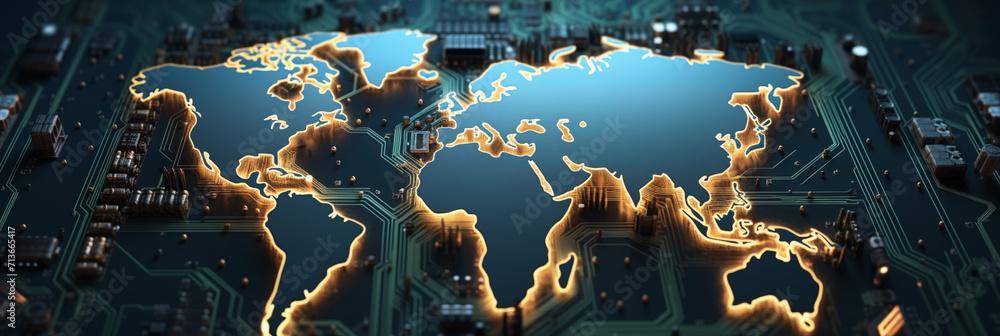 World Map and Continents On A PCB Printed Circuit Board Banner Design ...