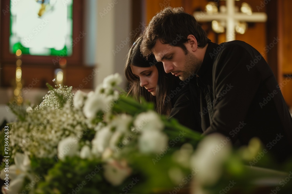 sad, funeral and flowers with couple and coffin in church for death ...