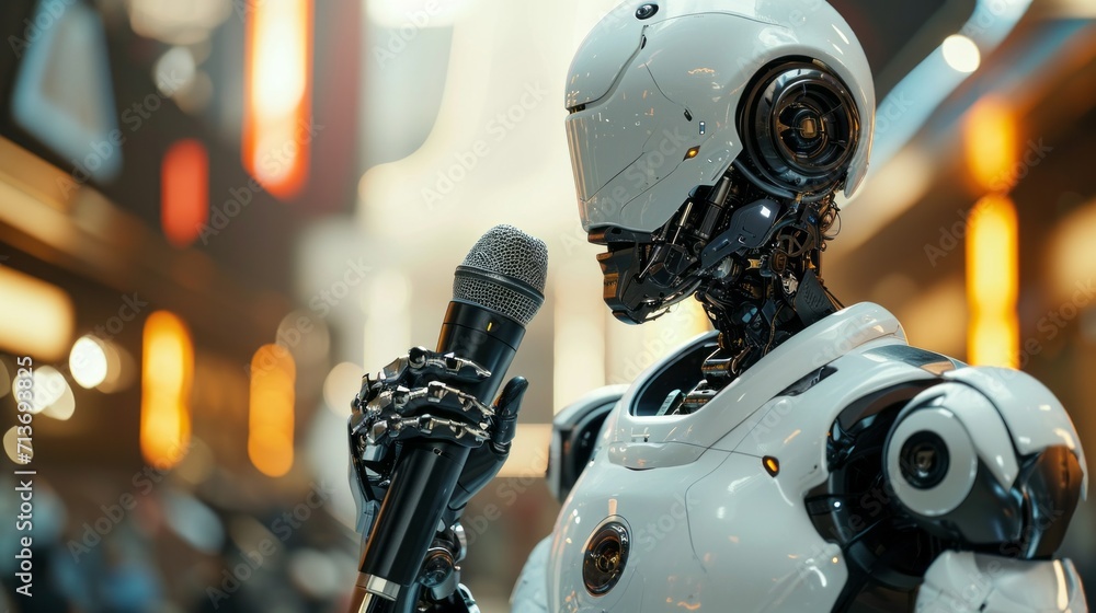 Futuristic robot with advanced AI holding a microphone in a modern ...