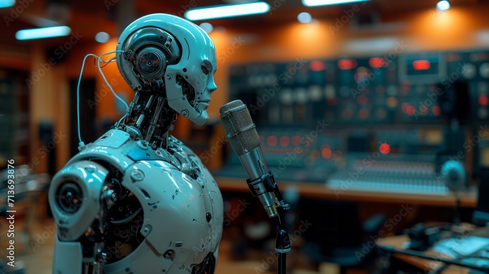 Futuristic AI robot engaging in music production with a studio ...