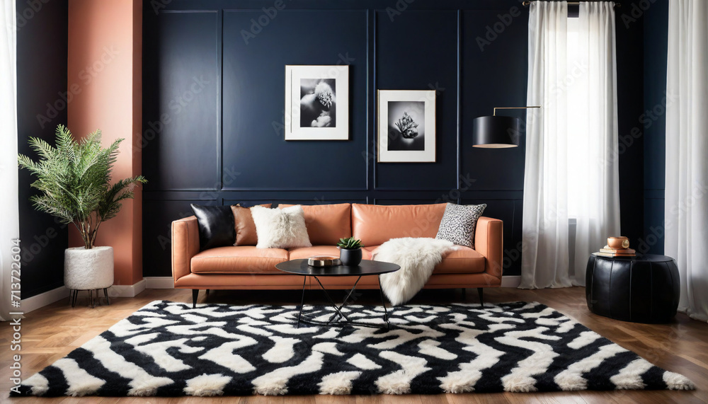 Navy Salmon walls with a plush white shag rug leather accents and bold ...