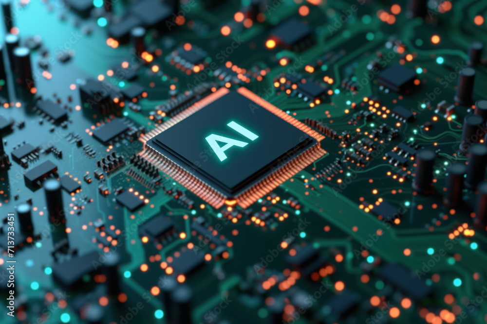 AI chip on pcb. Artificial intelligence microchip. AI chipset on ...