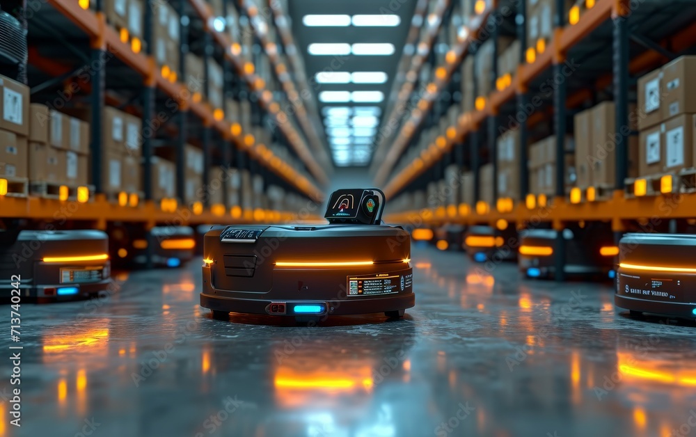 Future Technology 3D Concept: Automated Retail Warehouse AGV Robots with Infographics Delivering ...