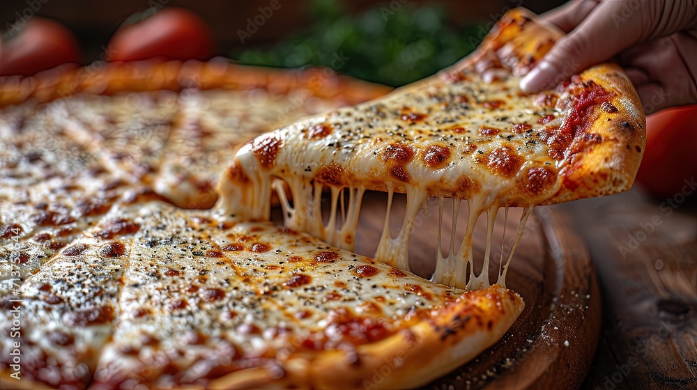 Four cheese pizza with stretchy dripping cheese, mozzarella, parmesan ...
