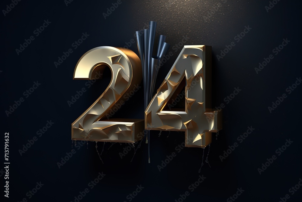 Golden 3d number 24 with festive confetti and spiral ribbons. Poster ...