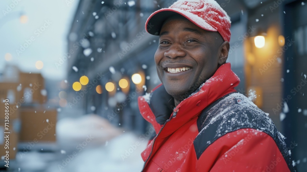 Smiling delivery driver, courier man, red winter jacket, red cap ...