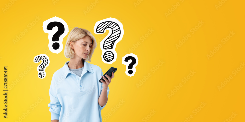 Young woman with phone in hand, question marks sketch on empty ...