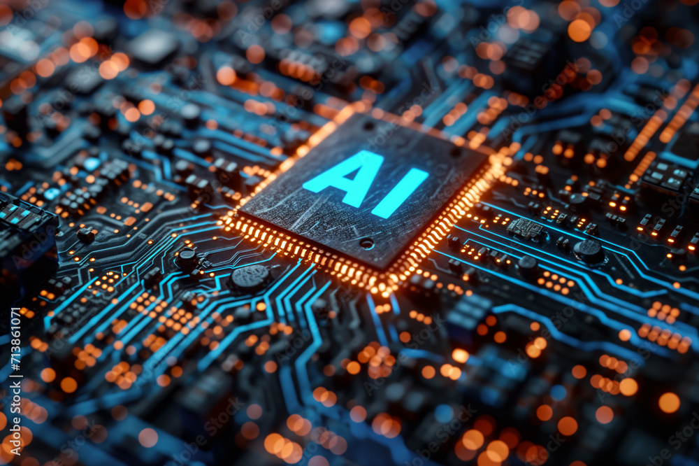 Artificial intelligence micro chip with text on chip,close-up of ...