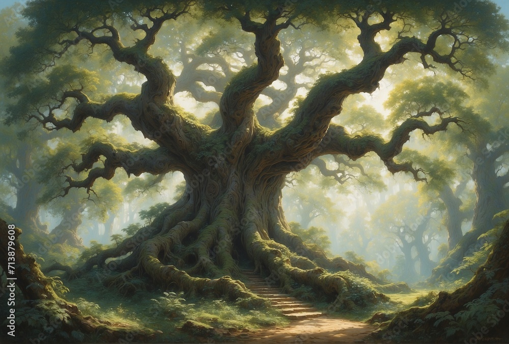 An opulent, labyrinthine forest depicted in a richly textured oil ...