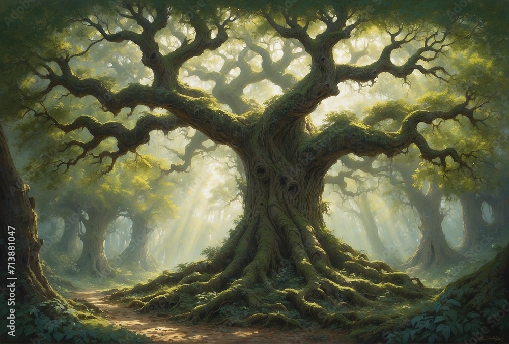 An opulent, labyrinthine forest depicted in a richly textured oil ...