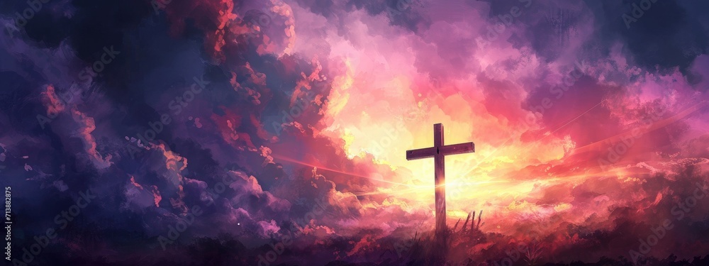 Cross of Jesus Christ on sunset sky background. Christian religion ...