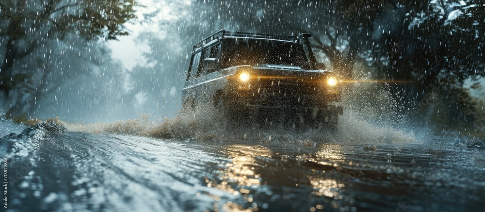 Car splashing water driving through puddle at heavy rain Car driving on ...