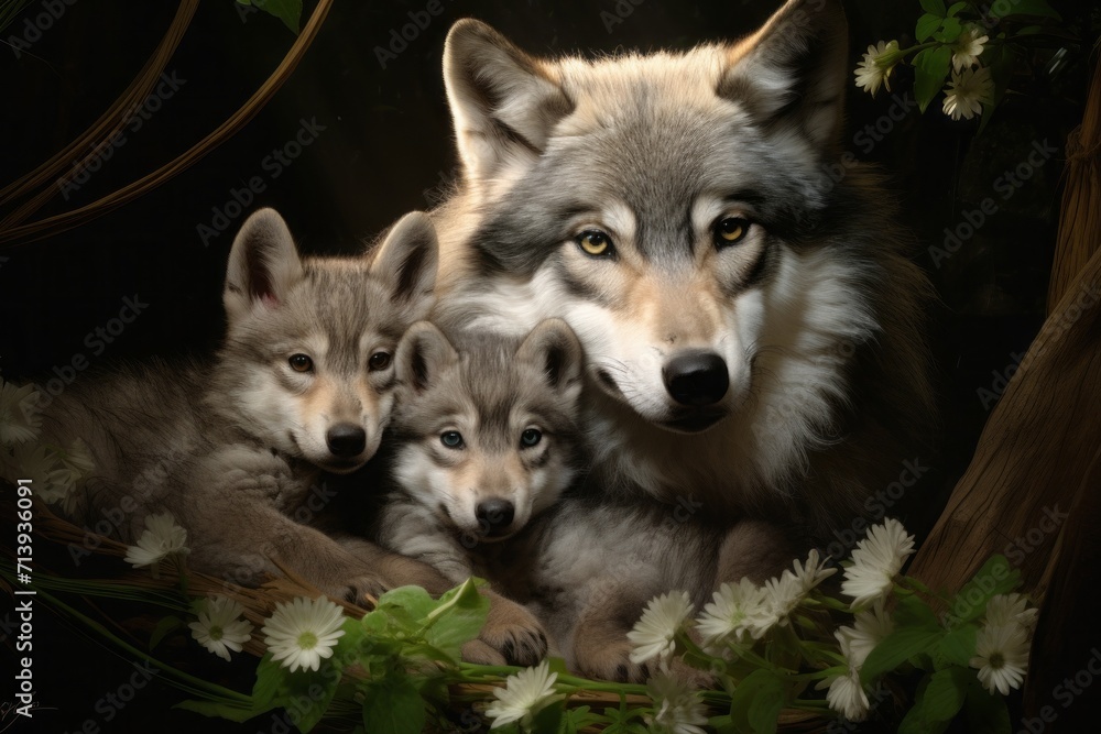grey mother wolf with her young ones, cozy cuddles together in her lair ...
