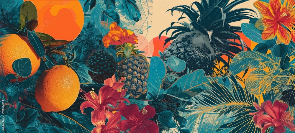 Lush tropical collage with vibrant fruits and red hibiscus set against ...