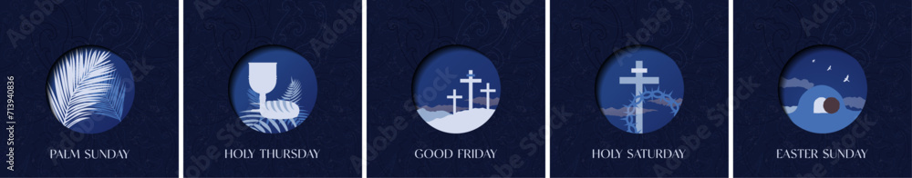 Blue Holy Week Icon Set. Palm Sunday, Maundy Thursday, Good Friday ...