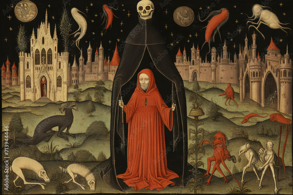 Medieval styled occult art with skeleton and monsters. Ancient icon or ...