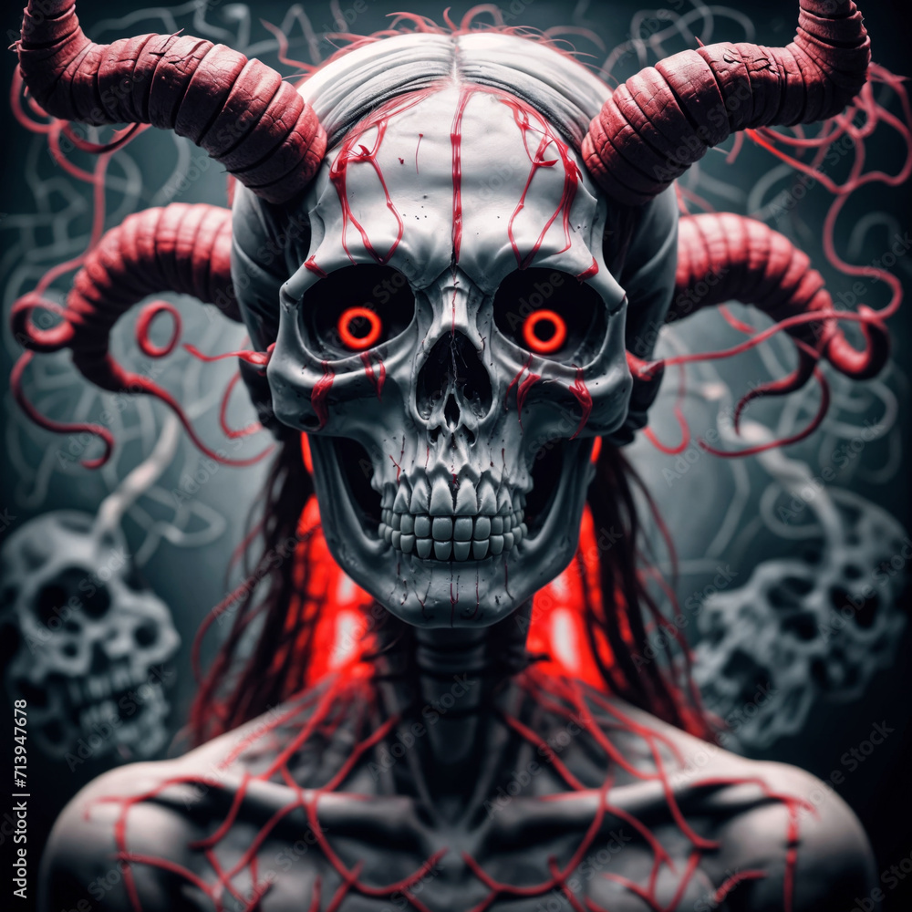 Evil witch with skeleton skull face and glowing red eyes, ugly unclean ...